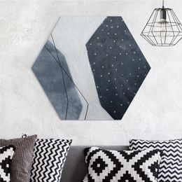 Bilderwelten Alu-Dibond Bild Hexagon originell blau Abstrakt Aquarell - Punkte im Dialog III - Deko Wohnzimmer Schlafzimmer