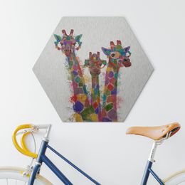 Bilderwelten Alu-Dibond Bild Hexagon Tiere bunt Illustration - Regenbogen Splash Giraffen-Trio - Regenbogen Kinderzimmer Baby M&auml;dchen Jungen