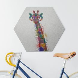 Bilderwelten Alu-Dibond Bild Hexagon Tiere bunt Illustration Aquarell - Regenbogen Splash Giraffe - Regenbogen Kinderzimmer Baby M&auml;dchen Jungen