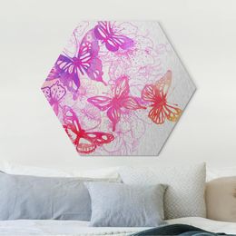 Bilderwelten Alu-Dibond Bild Hexagon Tiere weiss Illustration Aquarell - Schmetterlingstraum - Schmetterlinge Wohnzimmer Schlafzimmer