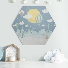 Bilderwelten Alu-Dibond Bild Hexagon Stadt blau Illustration - Paris mit Sternen und Hei&szlig;luftballon - Skylines Kinderzimmer Baby M&auml;dchen Jungen