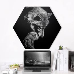 Bilderwelten Alu-Dibond Bild Hexagon Tiere schwarz weiss Motiv - Wolf vor Schwarz - Deko Wohnzimmer Schlafzimmer