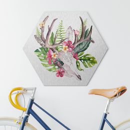 Bilderwelten Alu-Dibond Bild Hexagon Blumen weiss Tropisch Aquarell - Tropical Flower Skull II - Pflanzen Wohnzimmer Schlafzimmer