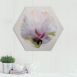Bilderwelten Alu-Dibond Bild Hexagon Blumen beige Fotomontage Aquarell - Wasserfarben - Zarte Magnolienbl&uuml;te - Deko Wohnzimmer Schlafzimmer