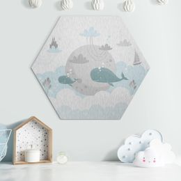 Bilderwelten Alu-Dibond Bild Hexagon Tiere weiss Illustration - Wolken mit Wal und Schloss - Fische Kinderzimmer Baby M&auml;dchen Jungen
