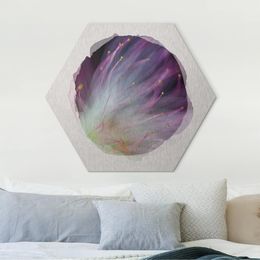Bilderwelten Alu-Dibond Bild Hexagon Blumen beige Fotomontage Aquarell - Wasserfarben - Bl&uuml;tenstaub - Deko Wohnzimmer Schlafzimmer