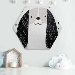 Bilderwelten Alu-Dibond Bild Hexagon Tiere weiss Illustration - Tierpark mit Mustern - Hund - Hund Kinderzimmer Baby M&auml;dchen Jungen