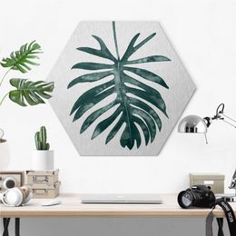 Bilderwelten Alu-Dibond Bild Hexagon Blumen weiss Tropisch Aquarell - Smaragdgr&uuml;ner Philodendron Angustisectum - Pflanzen Wohnzimmer Schlafzimmer