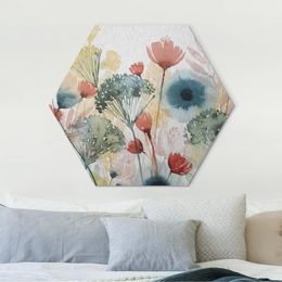 Bilderwelten Alu-Dibond Bild Hexagon Blumen weiss Landhaus Aquarell - Wildblumen im Sommer I - Deko Wohnzimmer Schlafzimmer