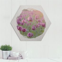 Bilderwelten Alu-Dibond Bild Hexagon Blumen beige Motiv Aquarell - Wasserfarben - Violette Schlafmohn Blumenwiese im Fr&uuml;hling - Mohn Wohnzimmer Schlafzimmer