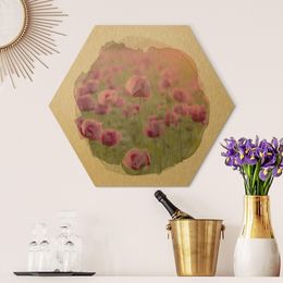 Bilderwelten Hexagon-Alu-Dibond Bild Wasserfarben - Violette Schlafmohn Blumenwiese im Fr&uuml;hling