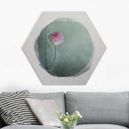 Bilderwelten Alu-Dibond Bild Hexagon Blumen beige Fotomontage Aquarell - Wasserfarben - Bl&uuml;te in Rosa - Deko Wohnzimmer Schlafzimmer