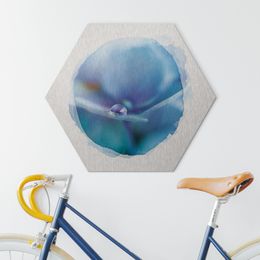 Bilderwelten Alu-Dibond Bild Hexagon Blumen beige Fotomontage Aquarell - Wasserfarben - Wassertropfen Hortensienbl&uuml;te - Deko Wohnzimmer Schlafzimmer