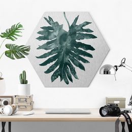 Bilderwelten Alu-Dibond Bild Hexagon Blumen weiss Tropisch Aquarell - Smaragdgr&uuml;ner Philodendron Bipinnatifidum - Pflanzen Wohnzimmer Schlafzimmer