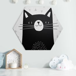 Bilderwelten Alu-Dibond Bild Hexagon Tiere weiss Illustration - Tierpark mit Mustern - Katze - Katze Kinderzimmer Baby M&auml;dchen Jungen