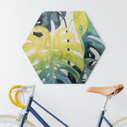 Bilderwelten Alu-Dibond Bild Hexagon Blumen gelb Tropisch Aquarell - Tropisches Blattwerk - Monstera - Pflanzen Wohnzimmer Schlafzimmer