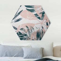 Bilderwelten Alu-Dibond Bild Hexagon Blumen petrol Abstrakt - Tropisches Orakel petrol II - Pflanzen Wohnzimmer Schlafzimmer