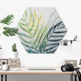 Bilderwelten Alu-Dibond Bild Hexagon Blumen weiss Tropisch Aquarell - Tropisches Blattwerk - Palme - Pflanzen Wohnzimmer Schlafzimmer