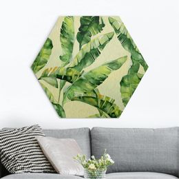Bilderwelten Alu-Dibond Bild Hexagon Blumen gr&uuml;n Tropisch Aquarell - Bananenbl&auml;tter Aquarell - Pflanzen Wohnzimmer Schlafzimmer