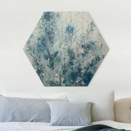 Bilderwelten Alu-Dibond Bild Hexagon Blumen blau Landhaus - Blaue Fr&uuml;hlingswiese I - Pflanzen Wohnzimmer Schlafzimmer