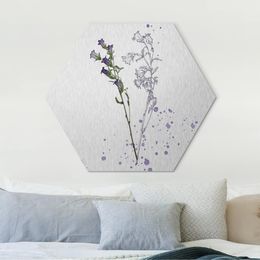 Bilderwelten Alu-Dibond Bild Hexagon Blumen weiss Vintage Aquarell - Botanisches Aquarell - Glockenblume - Pflanzen Wohnzimmer Schlafzimmer