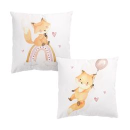 Bilderwelten Dekokissen 2er Set rosa Tiere modern Aquarell - Fuchs Regenbogen Ballon - Herz Sofakissen Bezug & F&uuml;llung in 40x40 50x50 60x60