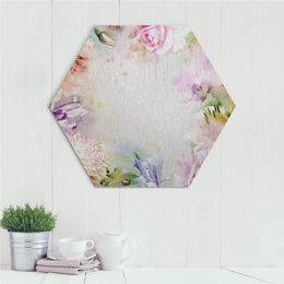 Bilderwelten Alu-Dibond Bild Hexagon Blumen beige modern Aquarell - Aquarell Bl&uuml;tenmix Pastell - Deko Wohnzimmer Schlafzimmer