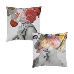 Bilderwelten Dekokissen 2er Set schwarz weiss Blumen Fotomontage - Gartenparty im Kopf Duo - Bett Couch Sofakissen Bezug & F&uuml;llung in 40x40 50x50 60x60