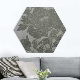 Bilderwelten Alu-Dibond Bild Hexagon Blumen grau Landhaus - Bl&uuml;hende Pfingstrose II - Rose Wohnzimmer Schlafzimmer