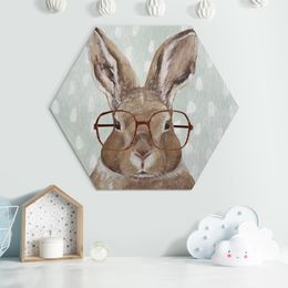 Bilderwelten Alu-Dibond Bild Hexagon Tiere braun Illustration - Bebrillte Tiere - Hase - Deko Kinderzimmer Baby M&auml;dchen Jungen