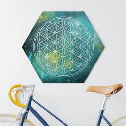 Bilderwelten Alu-Dibond Bild Hexagon Spirituell weiss modern - Blume des Lebens im Licht der Sterne - Mandala Wohnzimmer Schlafzimmer
