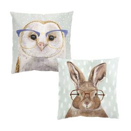 Bilderwelten Dekokissen 2er Set beige Tiere Illustration Aquarell - Bebrillte Tiere Set I - Eule Sofakissen Bezug & F&uuml;llung in 40x40 50x50 60x60