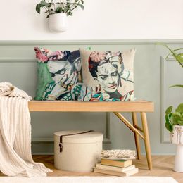 Bilderwelten Dekokissen 2er Set bunt originell Pop Art - Frida Kahlo - Collagen Duo I - Bett Couch Sofakissen Bezug & F&uuml;llung in 40x40 50x50 60x60