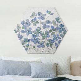 Bilderwelten Alu-Dibond Bild Hexagon Blumen blau Landhaus Aquarell - Blaue Hortensienbl&uuml;ten - Deko Wohnzimmer Schlafzimmer