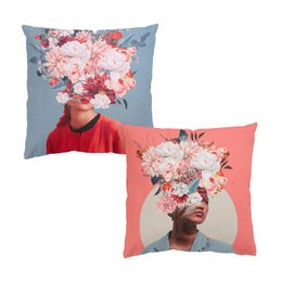 Bilderwelten Dekokissen 2er Set rosa Blumen modern - Blumen Portr&auml;t - Rosa Dahlien Rosa Blau Duo - Bett Couch Sofakissen Bezug & F&uuml;llung in 40x40 50x50 60x60