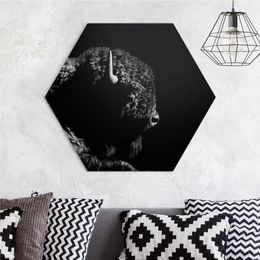 Bilderwelten Alu-Dibond Bild Hexagon Tiere schwarz weiss modern - Bison vor Schwarz - Deko Wohnzimmer Schlafzimmer