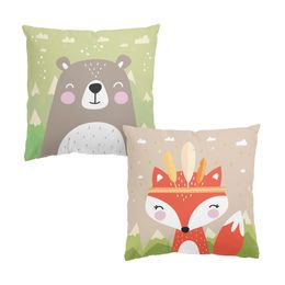 Bilderwelten Dekokissen Kissenbezug 2er Set gr&uuml;n Tiere Illustration - Fuchs B&auml;r Duo - Bett Couch Sofakissen Bezug & F&uuml;llung in 40x40 50x50 60x60