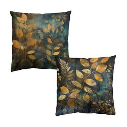Bilderwelten Dekokissen Kissenbezug 2er Set gold Illustration - Goldene Bl&auml;tter auf Blau Duo - Bett Couch Sofakissen Bezug & F&uuml;llung in 40x40 50x50 60x60