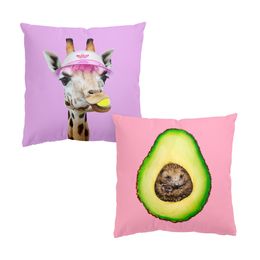 Bilderwelten Dekokissen 2er Set bunt Tiere Fotomontage - Giraffe Avocado Igel Duo - Lustig Sofakissen Bezug & F&uuml;llung in 40x40 50x50 60x60