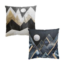 Bilderwelten Dekokissen 2er Set schwarz Abstrakt - Goldener Mond und geometrische Berge - Geometrisch Sofakissen Bezug & F&uuml;llung in 40x40 50x50 60x60