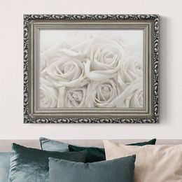 Bilderwelten Bild mit Barockrahmen Antik Blumen Motiv Barock beige - Wei&szlig;e Rosen - Rose Wohnzimmer Schlafzimmer