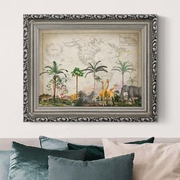Bilderwelten Bild mit Barockrahmen Antik Tiere Vintage Barock bunt - Vintage Collage - Tierwelt auf Weltkarte - Karten Wohnzimmer Schlafzimmer
