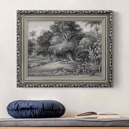 Bilderwelten Leinwandbild mit Barockrahmen Tropischer Kupferstich in Warmgrau