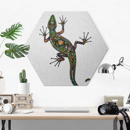 Bilderwelten Alu-Dibond Bild Hexagon Tiere weiss modern - Geckomuster - Mandala Wohnzimmer Schlafzimmer