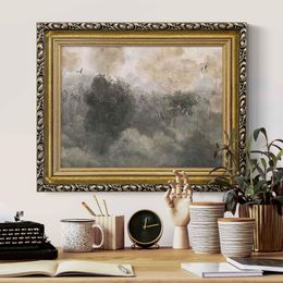 Bilderwelten Bild mit Barockrahmen Antik Wald Vintage Barock gr&uuml;n - Schwalben &uuml;ber Baumkronen - B&auml;ume Wohnzimmer Schlafzimmer