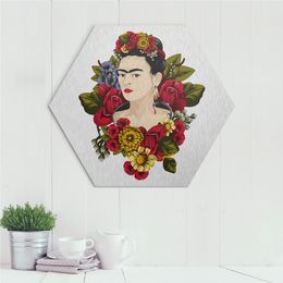 Bilderwelten Alu-Dibond Bild Hexagon Blumen weiss Pop Art - Frida Kahlo - Rosen - Rose Wohnzimmer Schlafzimmer