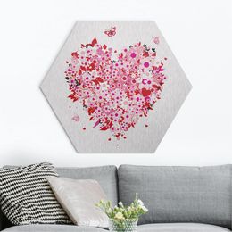 Bilderwelten Alu-Dibond Bild Hexagon Blumen rosa modern - Floral Retro Heart - Herz Wohnzimmer Schlafzimmer