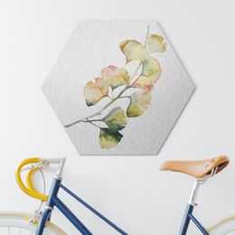 Bilderwelten Alu-Dibond Bild Hexagon Blumen weiss modern Aquarell - Frauenhaarfarn I - Pflanzen Wohnzimmer Schlafzimmer