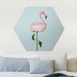 Bilderwelten Alu-Dibond Bild Hexagon Blumen blau Fotomontage - Flamingo mit Rose - Rose Wohnzimmer Schlafzimmer