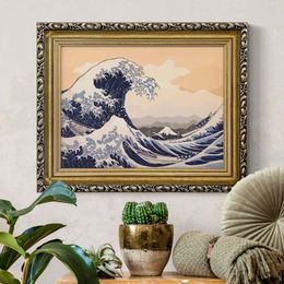 Bilderwelten Bild mit Barockrahmen Antik Strand Illustration Barock blau - Illustration - Die gro&szlig;e Welle von Kanagawa - Landschaft Jugendzimmer